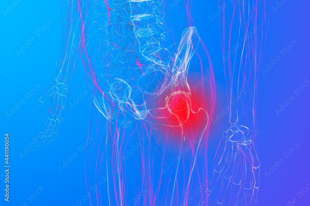 Pain in the tailbone or prostate. X-ray of the human body. 3d rendering ...