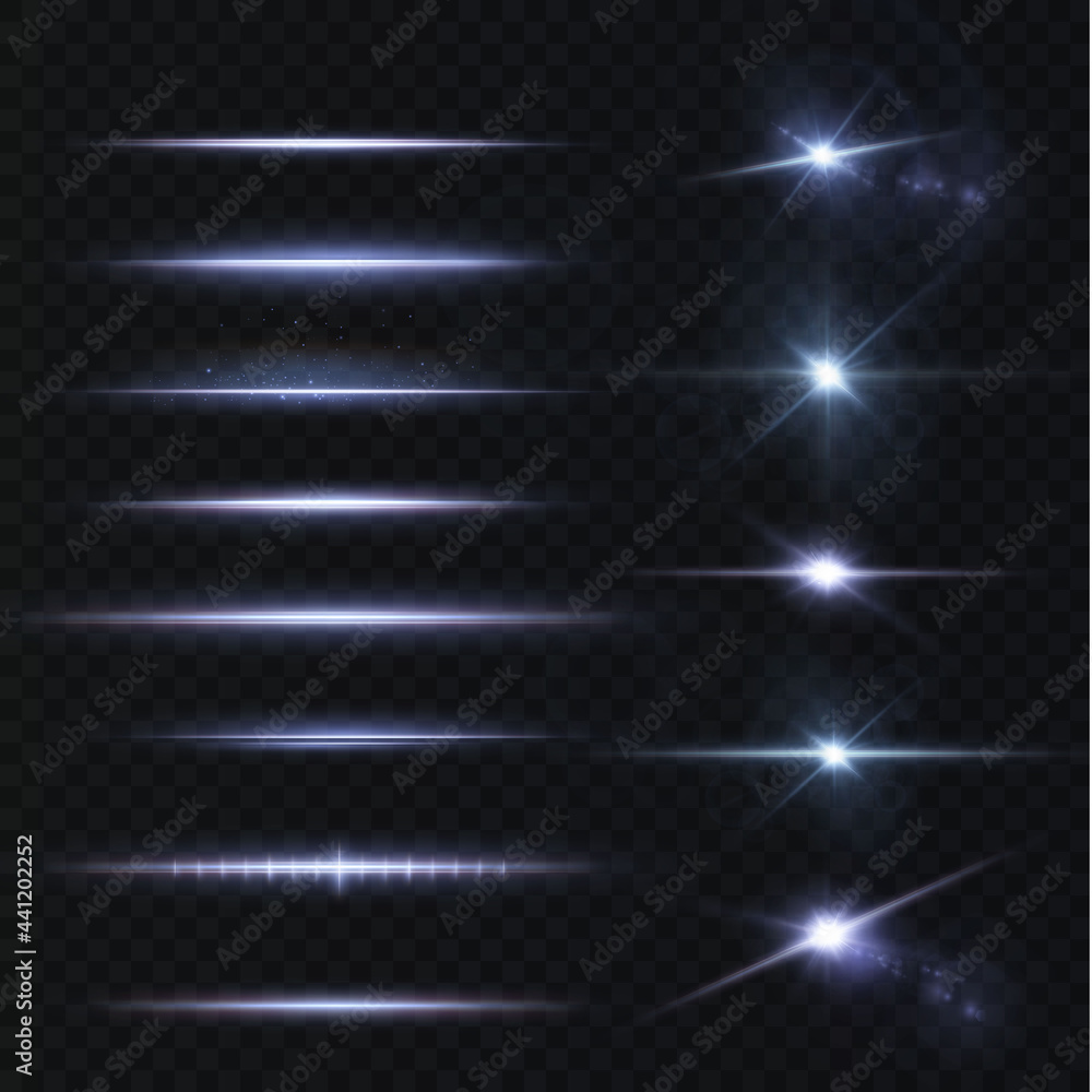 Blue horizontal lens flares pack. Laser beams, horizontal light rays ...