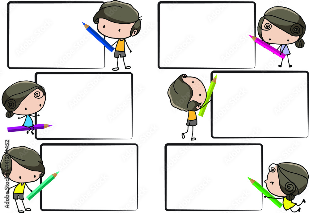 vector cartoon boys and girls hold colour pencil set border frame ...