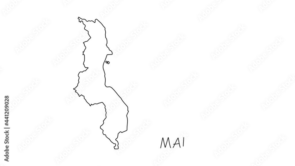 Malawi map animation line. Black line animation letters drawing on a ...