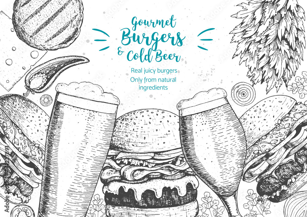 Beer and burgers vector illustration. Fast food, junk food vertical ...