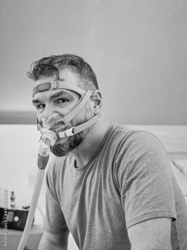 Unhappy shocked man with chronic breathing issues surprised by using ...