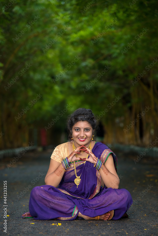 Indian Traditional Beautiful young girl in saree posing outdoors Stock ...