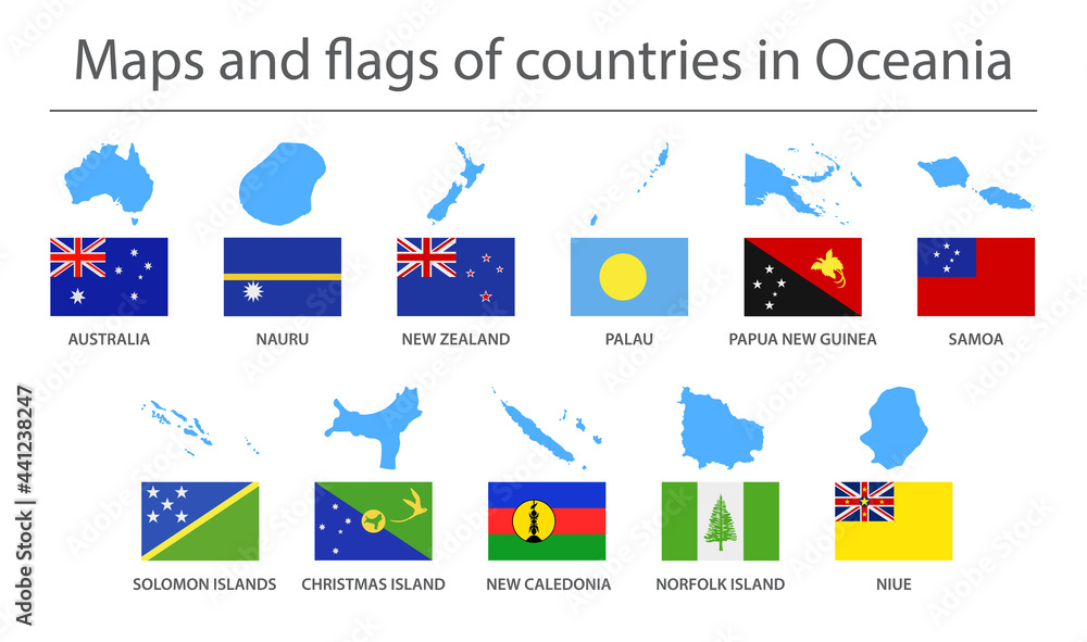 Oceania. Country border maps and flags. Vector illustration Stock ...