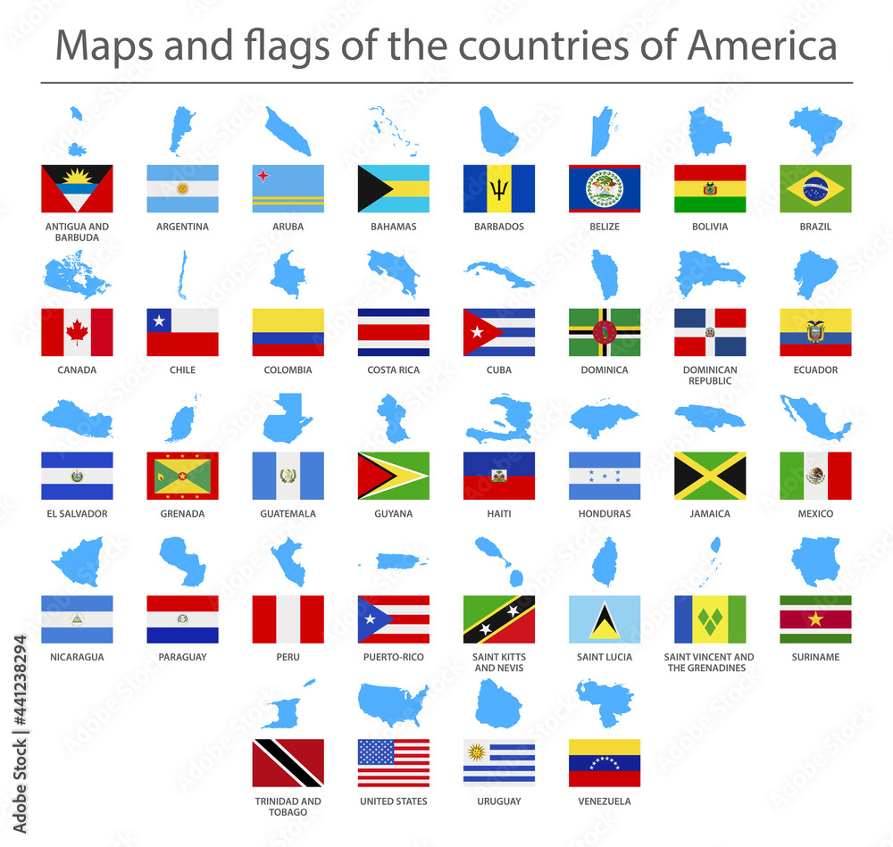 North and South America. Country border maps and flags. Vector ...