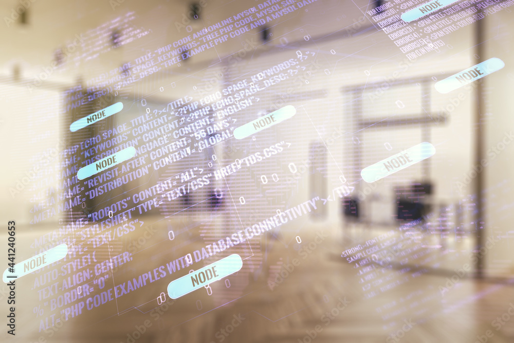 Multi exposure of abstract graphic coding sketch and world map on a ...