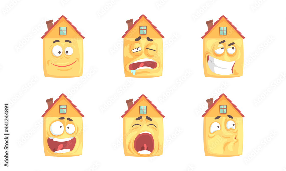 Funny House with Different Emotions Set, Cute Cottage Cartoon Character ...