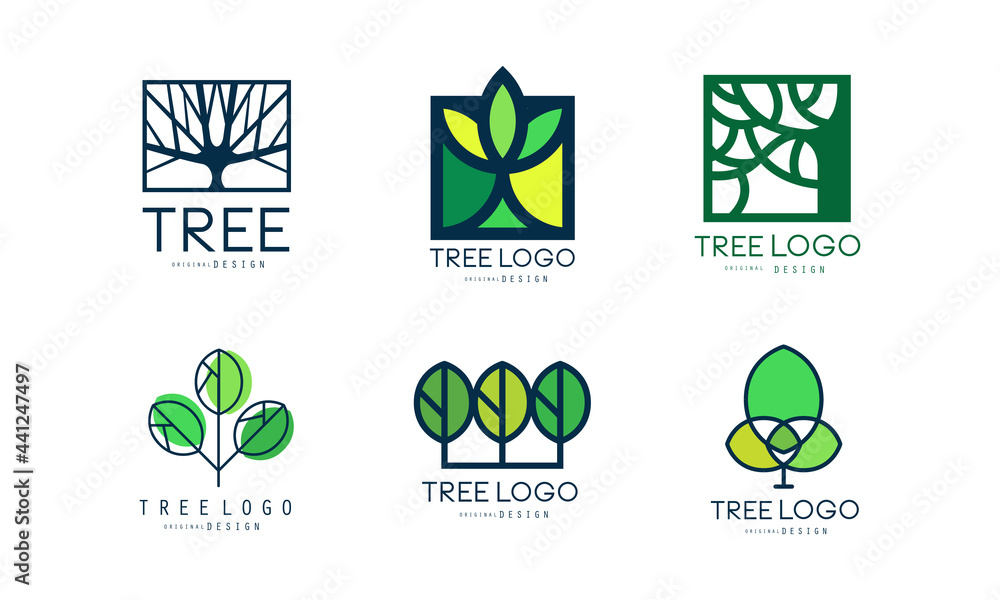 Tree Logo Original Design Set, Abstract Labels for Brand Identity Flat ...