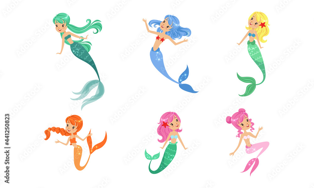 Little Cute Mermaids of Different Colors Set, Beautiful Mythical Marine ...