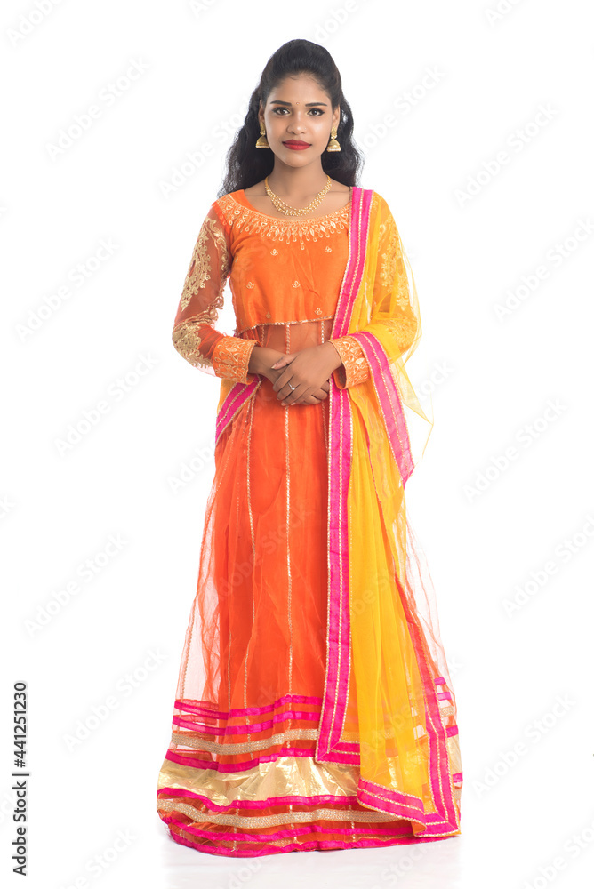 Beautiful Indian traditional girl posing on white background. Stock ...