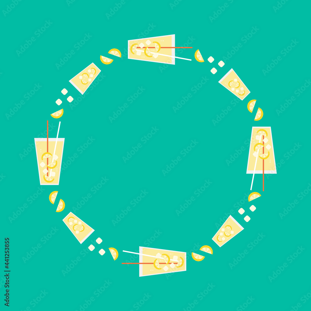 Cartoon style vector round frame template, background with lemonade ...