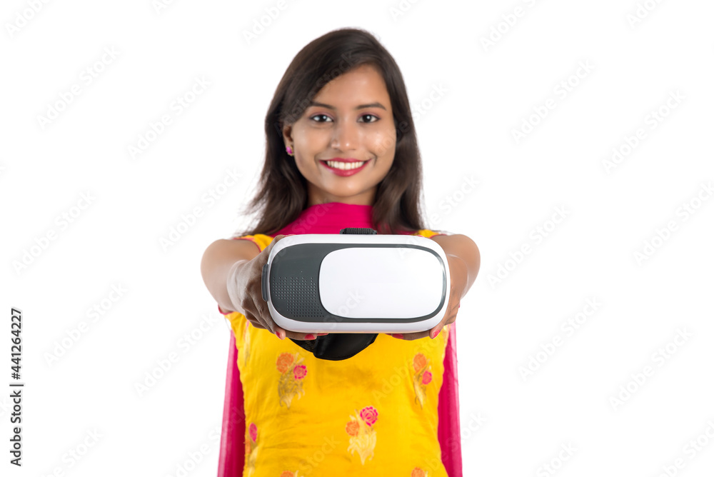 Indian Traditional Young Girl Holding And Showing Vr Device Vr Box