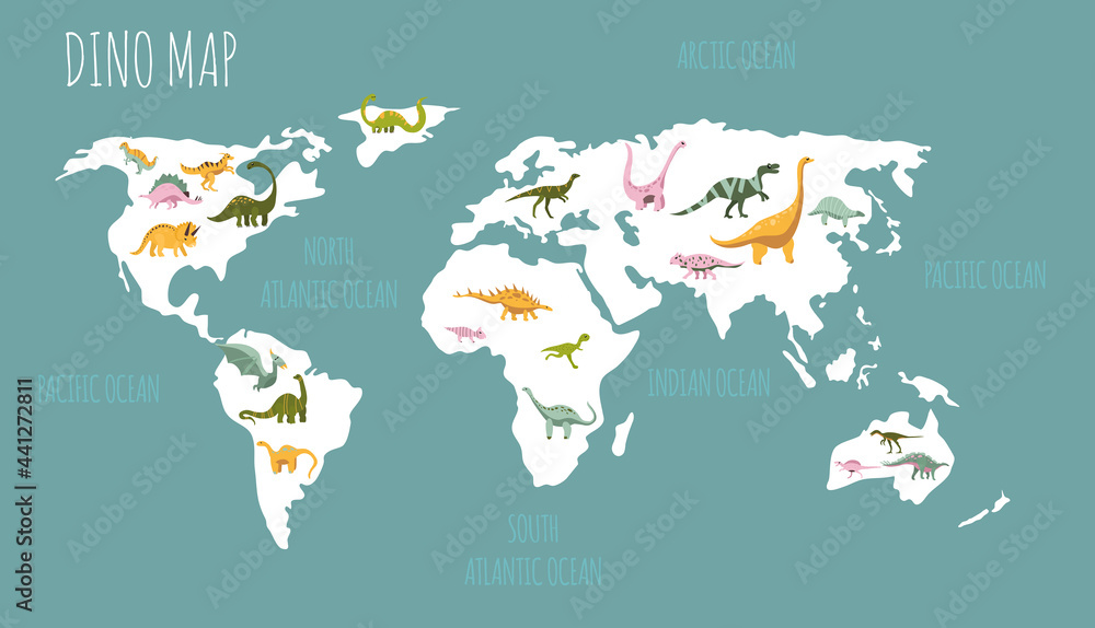 World map of dinosaurs. Habitat of prehistoric reptiles.Dino card.Hand drawn cute animals ...