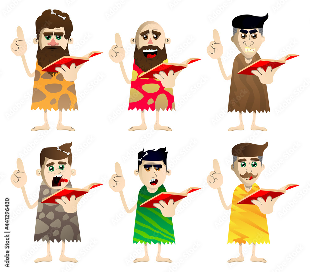 Cartoon prehistoric man reading a red book and making a point. Vector ...