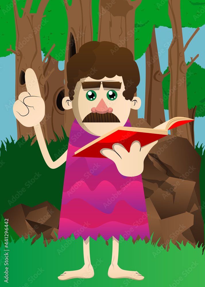 Cartoon prehistoric man reading a red book and making a point. Vector ...