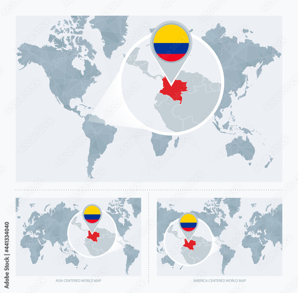 Magnified Colombia over Map of the World, 3 versions of the World Map ...