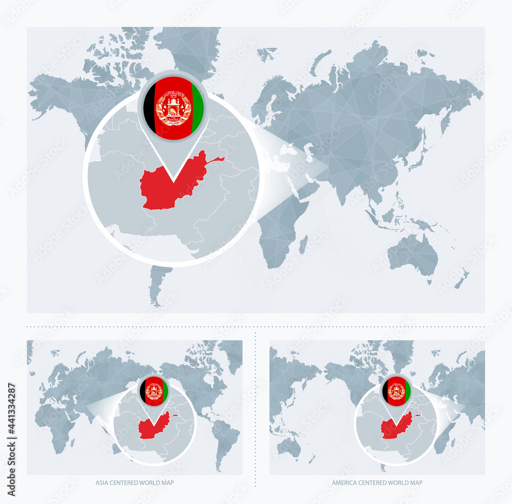 Magnified Afghanistan over Map of the World, 3 versions of the World ...