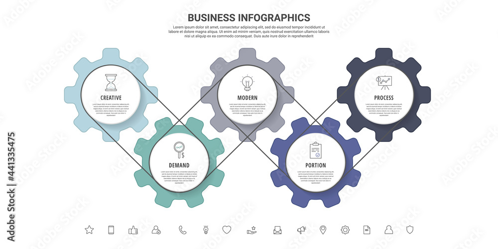 Vector infographic gears with five steps. Modern timeline with ...