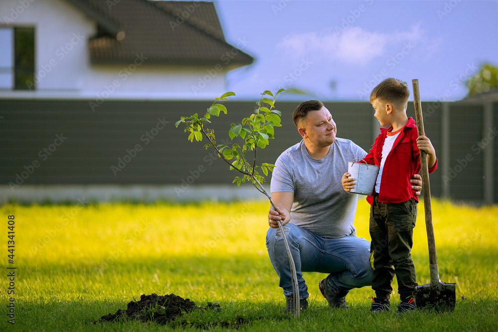 father and son planting tree father holding the shovel and son holding ...