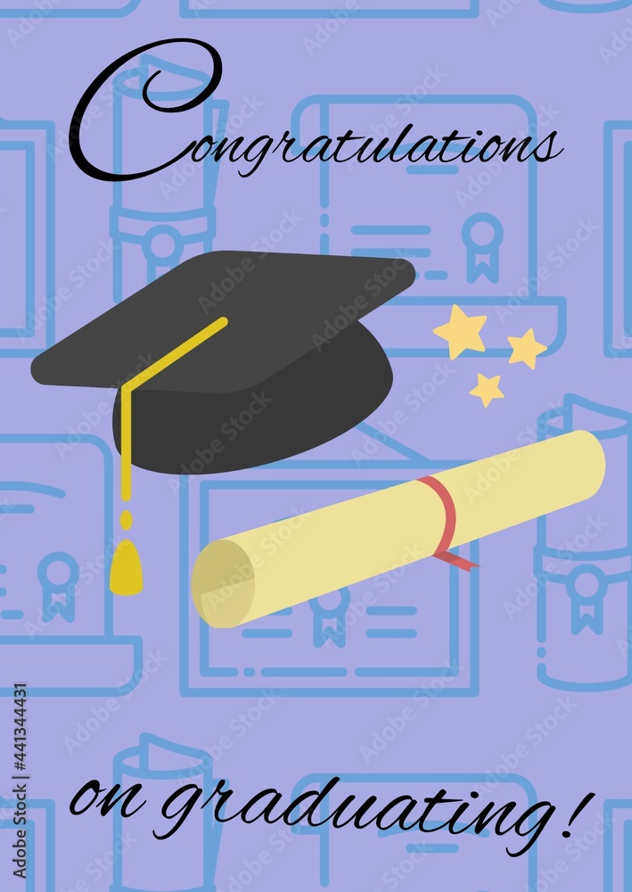 Congratulations text and graduation hat and diploma degree icons ...