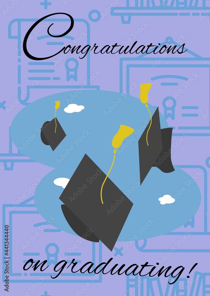 Graduation congratulations text and multiple graduation hats icons ...