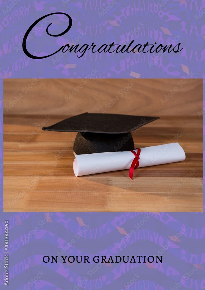 Congratulation text over graduation hat and diploma degree against wavy ...