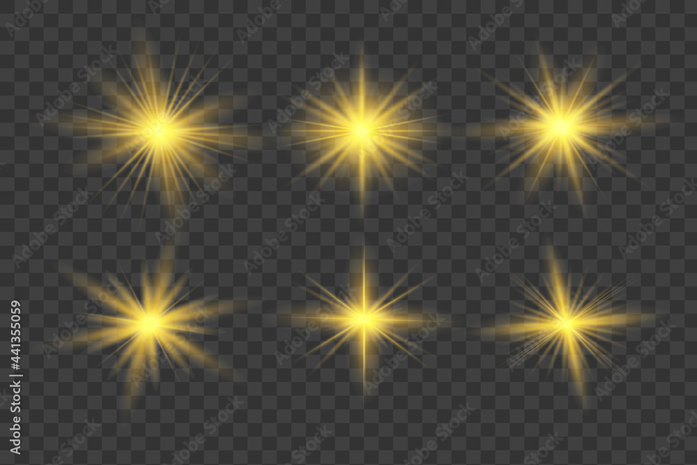 Set of bright Star. Yellow glowing light explodes on a transparent ...