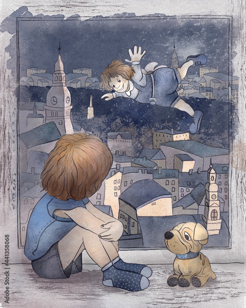 Sad kid sits on the windowsill looks out the window. Children's cartoon ...
