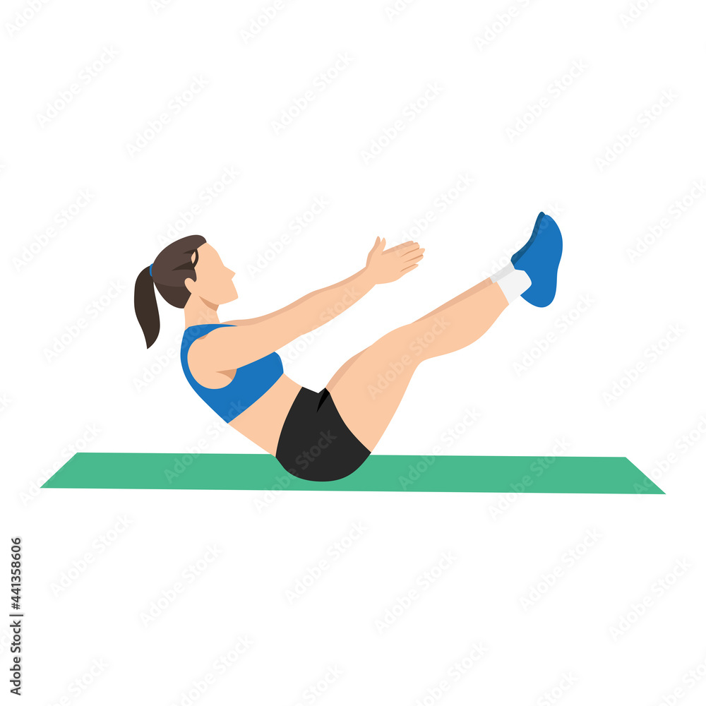 Woman doing abdominal workout with v-ups exercise exercise. Flat vector ...