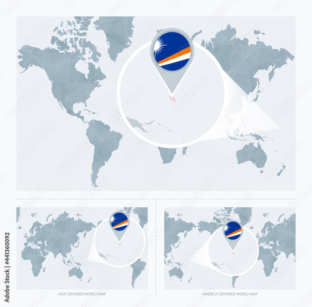 Magnified Marshall Islands over Map of the World, 3 versions of the ...