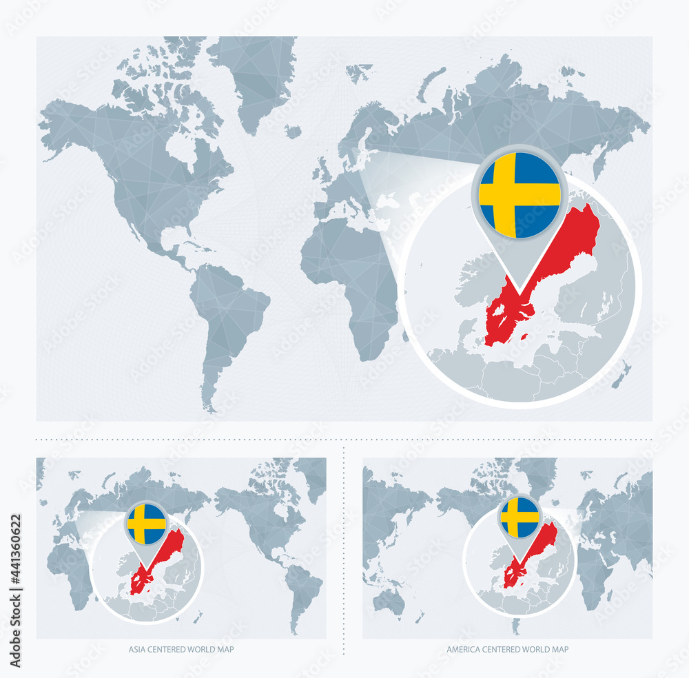 Magnified Sweden over Map of the World, 3 versions of the World Map ...
