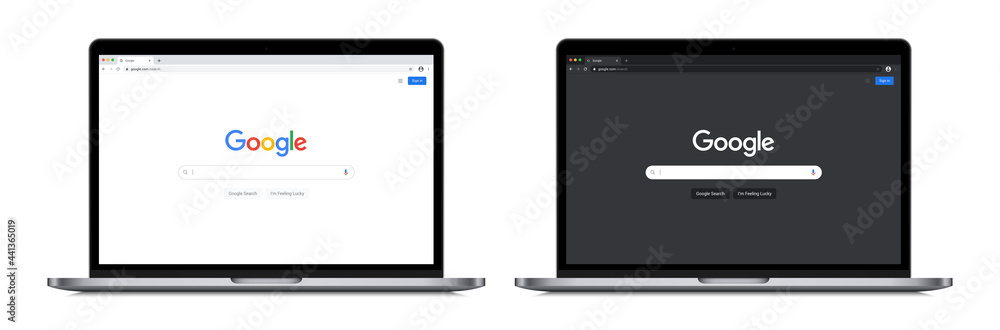 Google search homepage window on laptop computer screen set. Isoalted ...