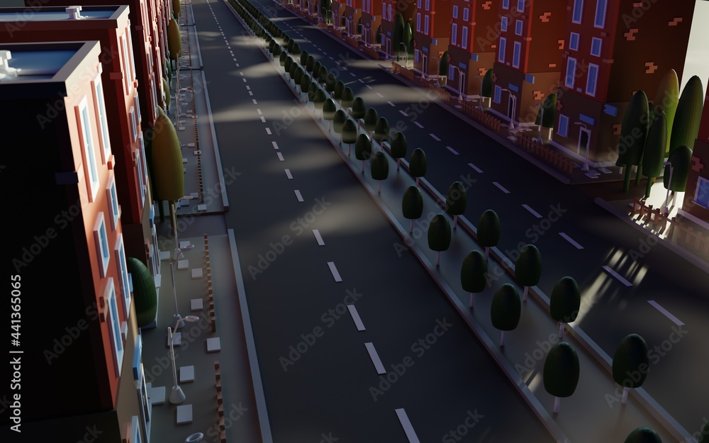 City street with houses and roofs, street lights and trees, sidewalks ...