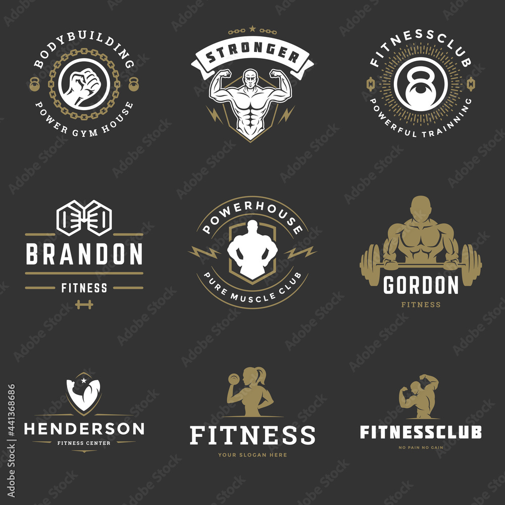 Fitness center and sport gym logos and badges design set vector ...