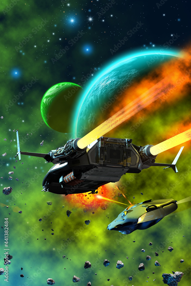 space Battle, spaceships fighting around a planetary system, 3d ...