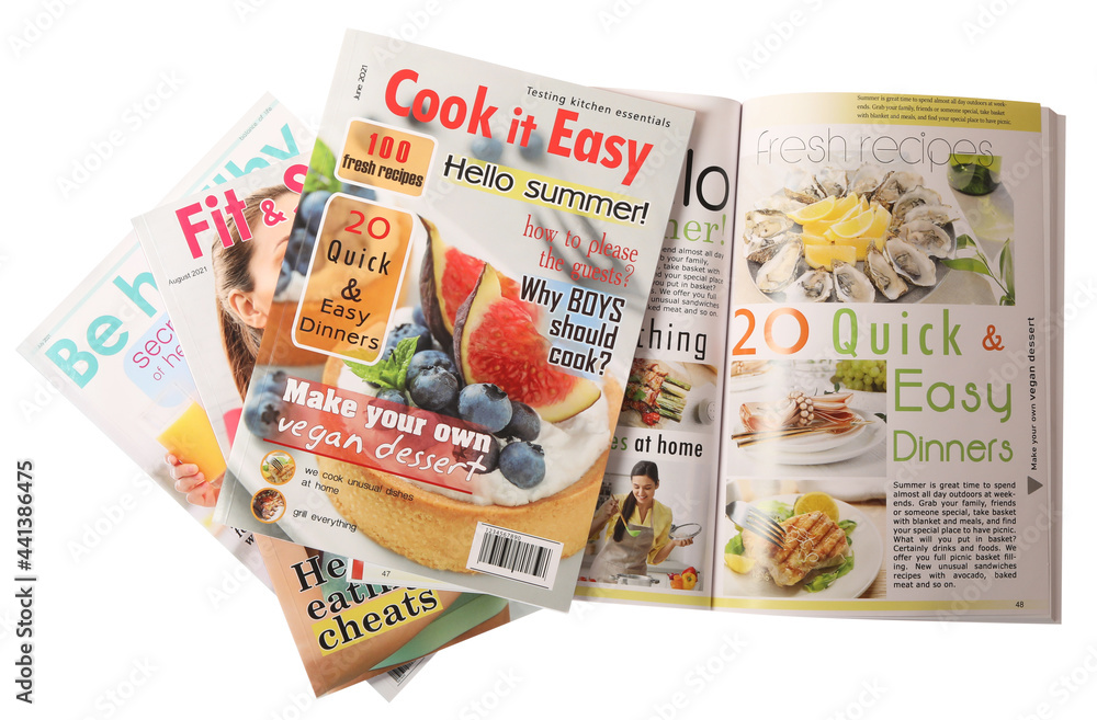 Stack of different magazines on white background, top view Stock Photo ...