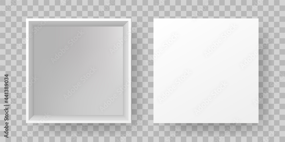 Realistic boxes mockup top view. White open 3d square package, closed ...