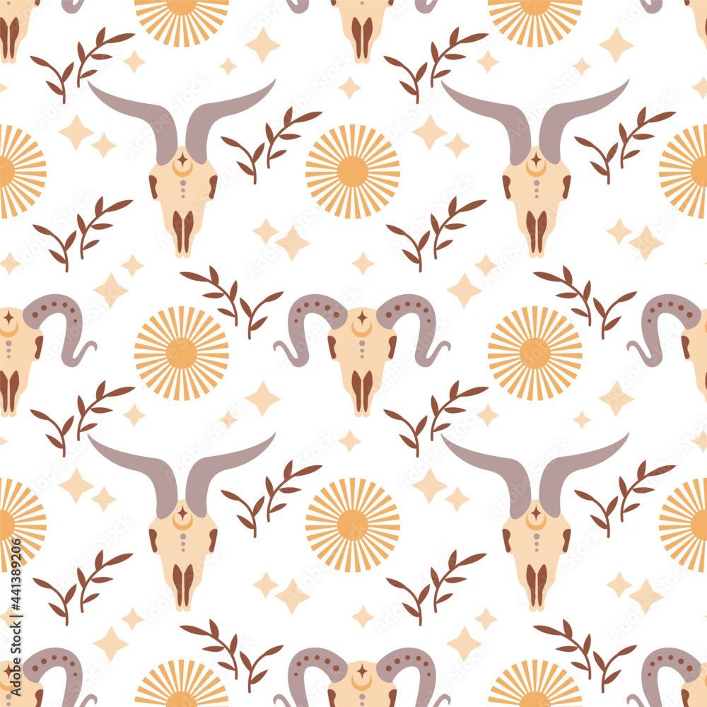 Magic vintage seamless pattern boho ram skull with moon, star isolated ...