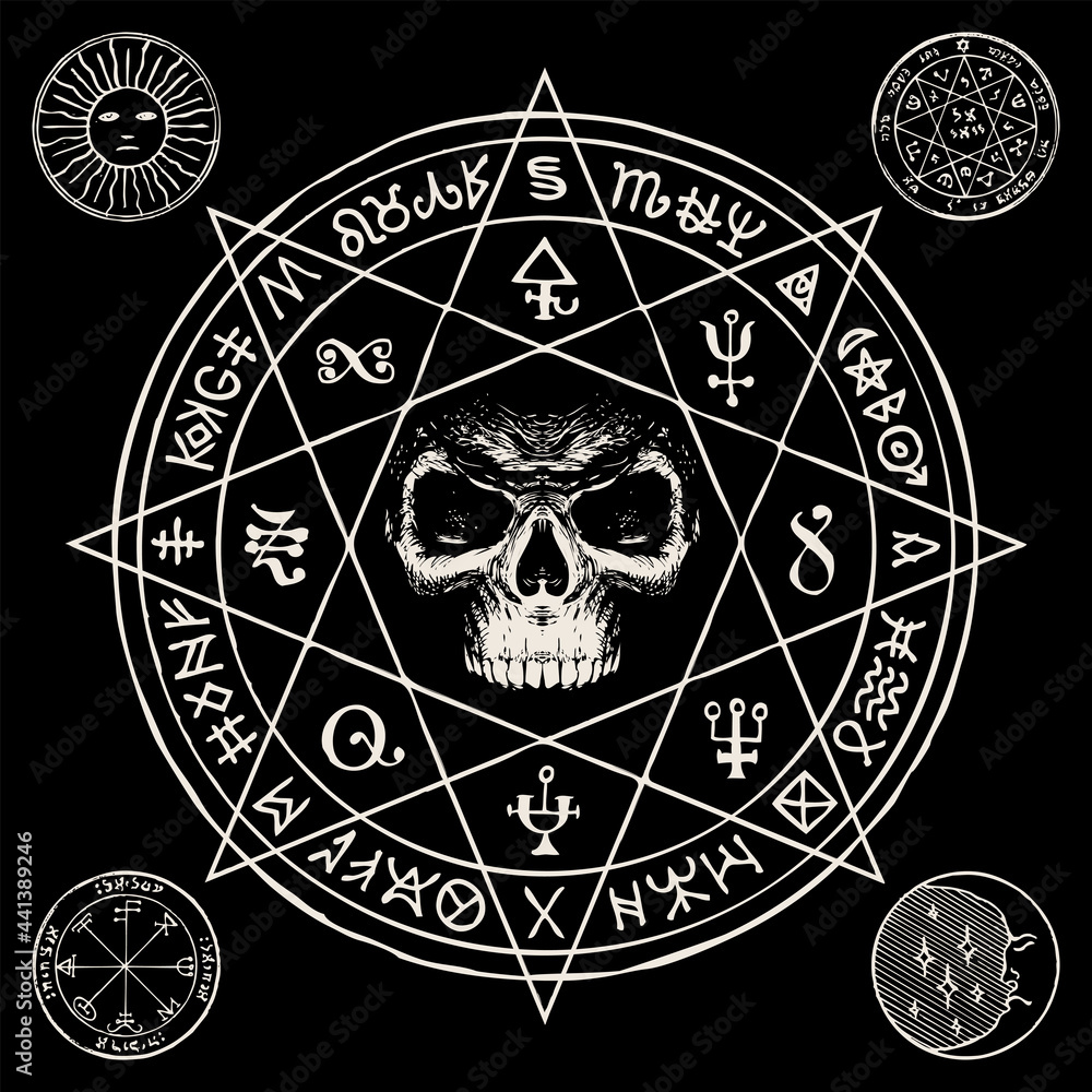 Hand-drawn illustration with a sinister human skull inside an octagonal ...