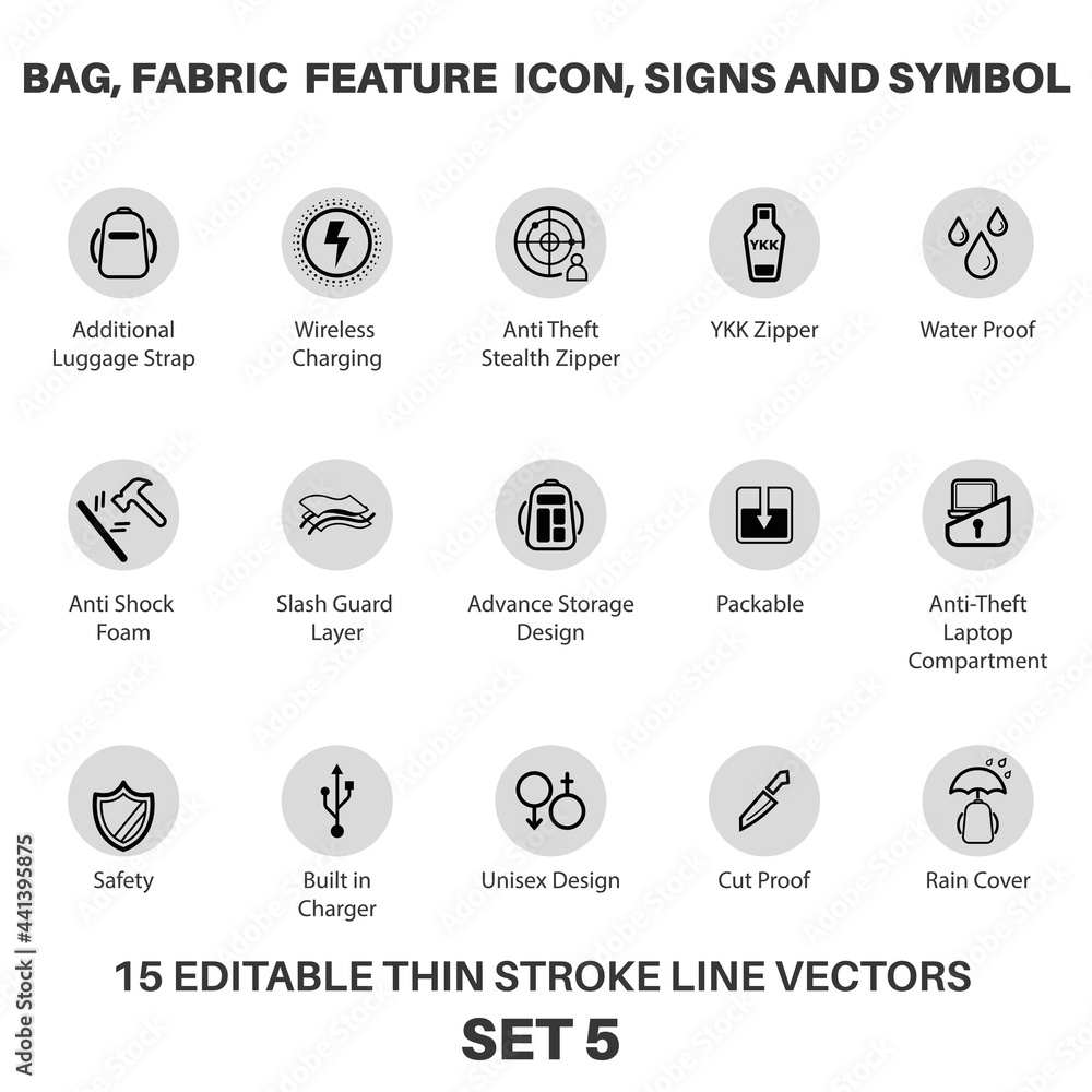 Bag and Backpack fabric feature icon, laptop bag Performance icon and ...