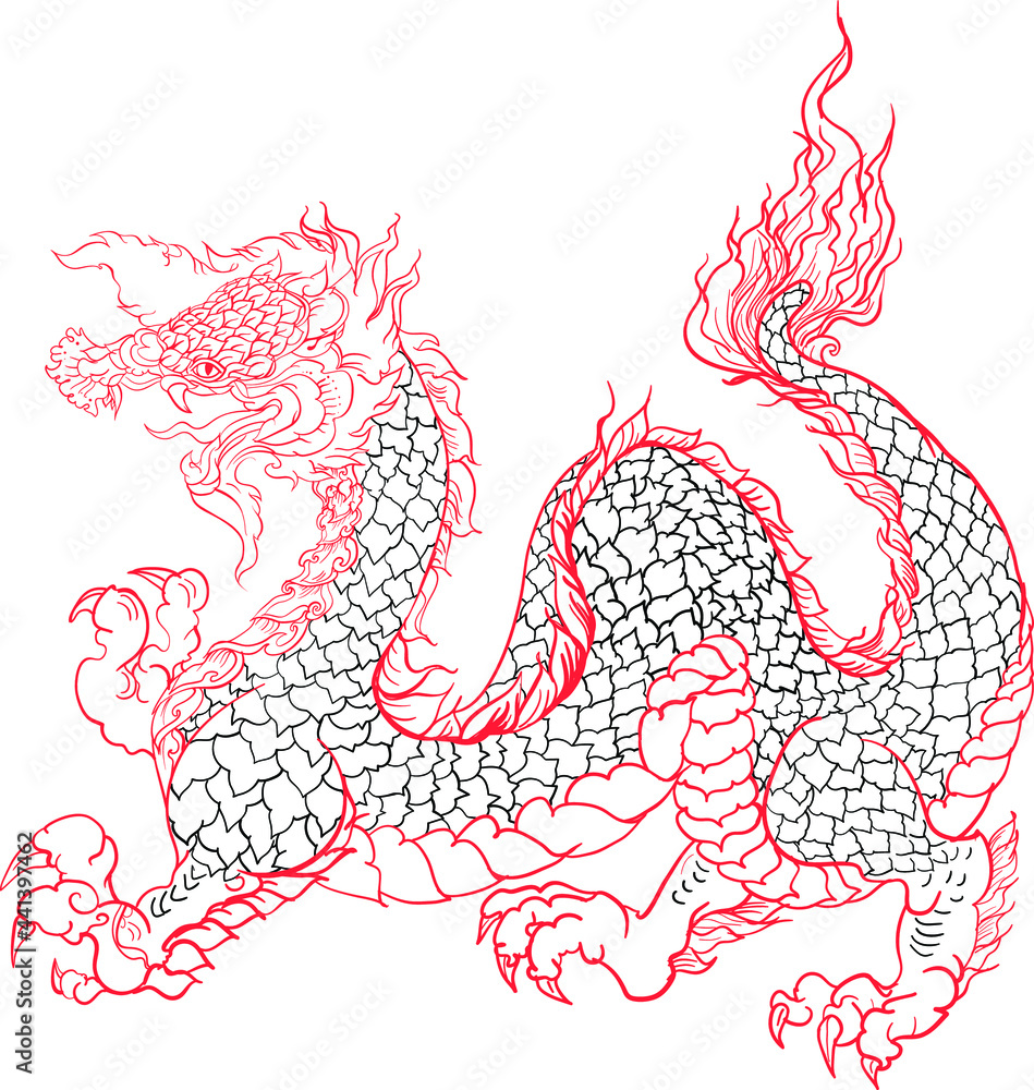 Kam Cha Nod Tree with Traditional Line Thai style. Naka Thai Dragon ...