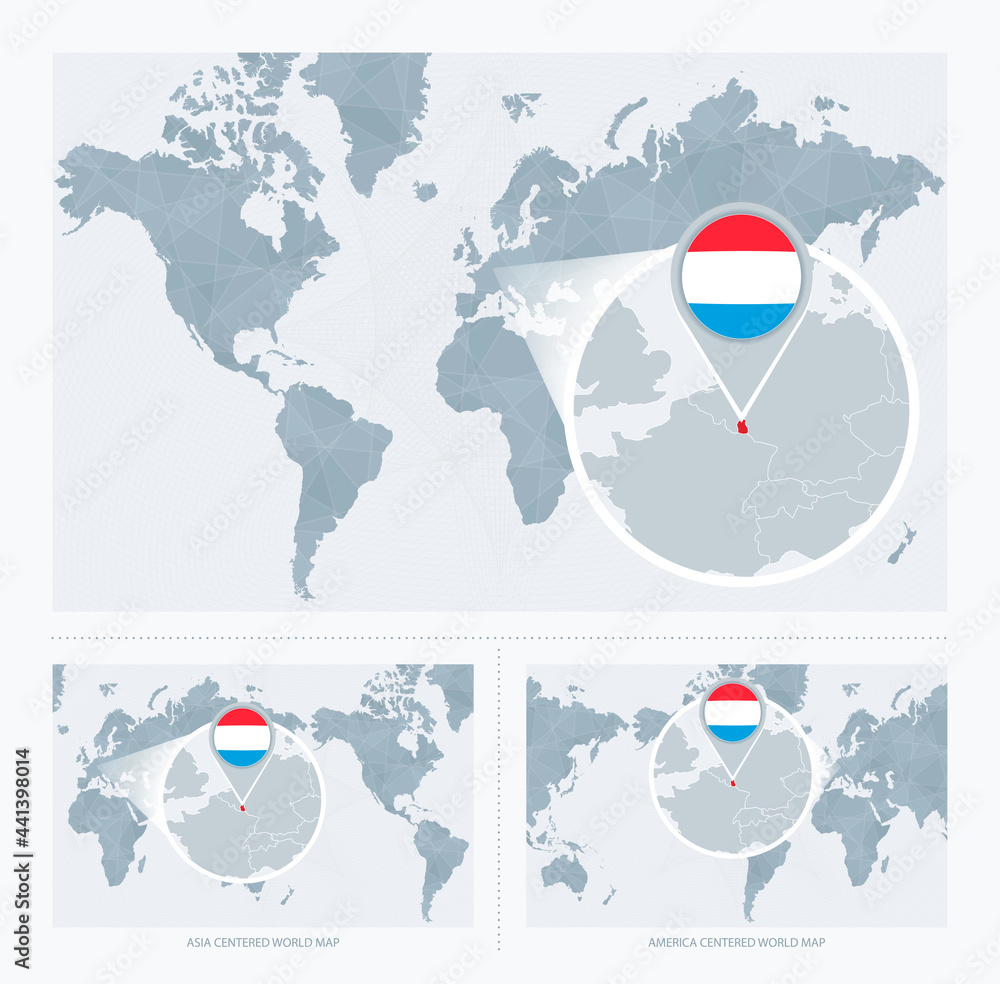 Magnified Luxembourg over Map of the World, 3 versions of the World Map ...