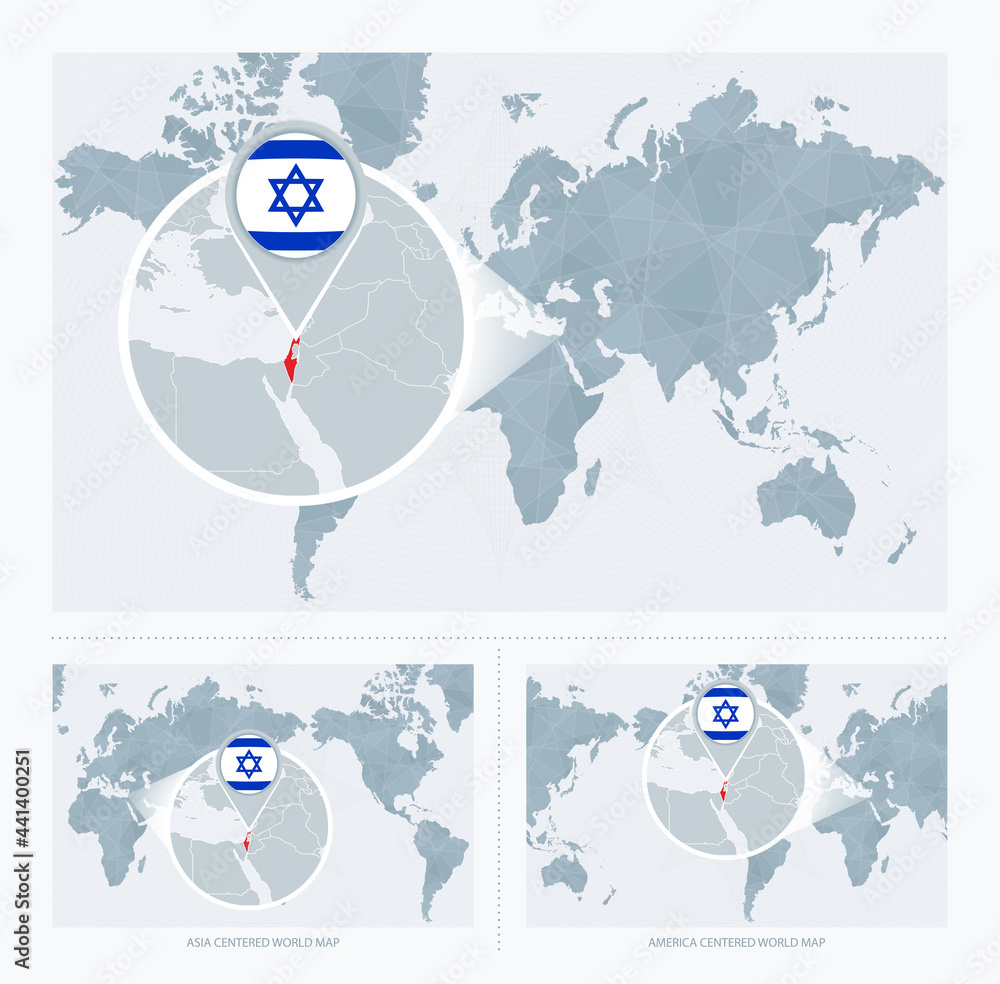 Magnified Israel over Map of the World, 3 versions of the World Map ...