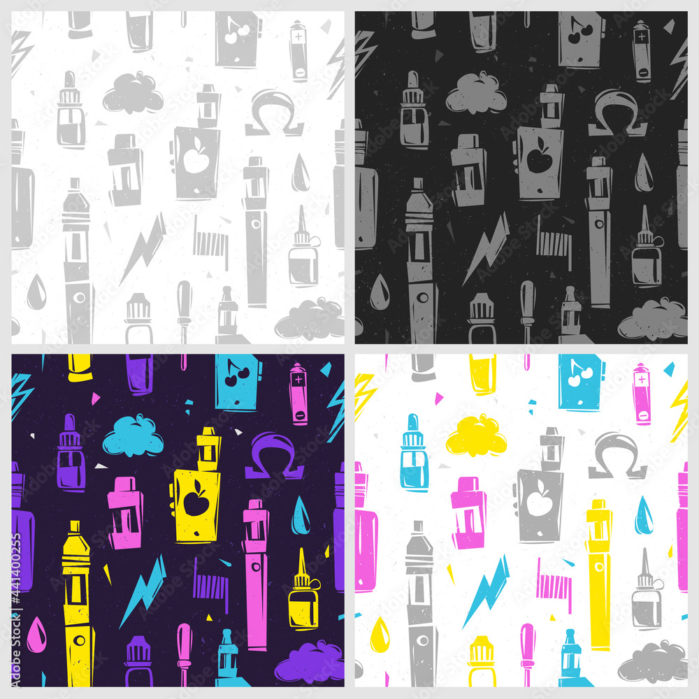Vape shop and vaping tools vector seamless pattern set. isolated on ...