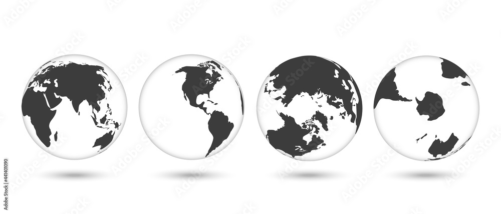 Set of transparent globes of Earth. Realistic world map in globe shape ...