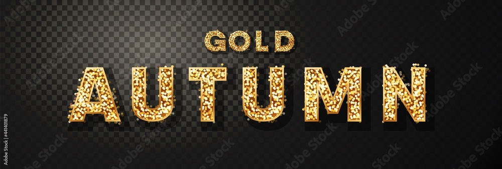 Gold autumn text with glitter sparkles on transparent black background ...