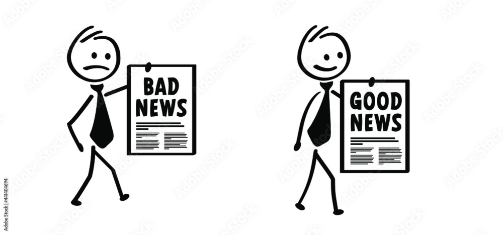 Greet news. Cartoon businessman, stickman with good news and bad news ...