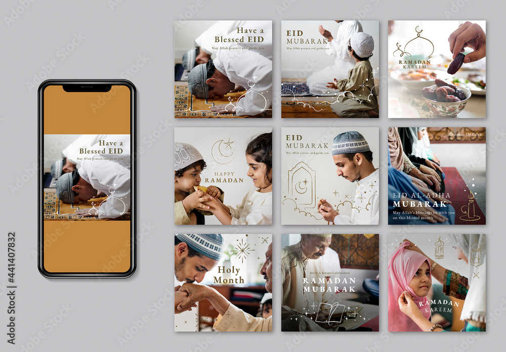 Ramadan and Eid Greetings Social Media Post Set Stock Template | Adobe ...