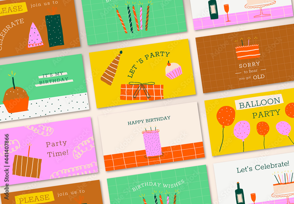 Colorful Birthday Banner Layout with Cute Doodles Set Stock Template ...