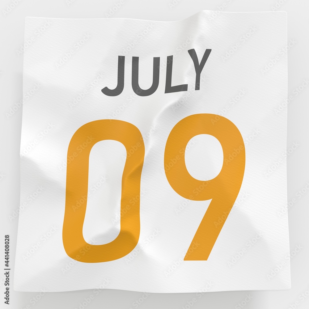 July 9 date on crumpled paper page of a calendar, 3d rendering Stock ...